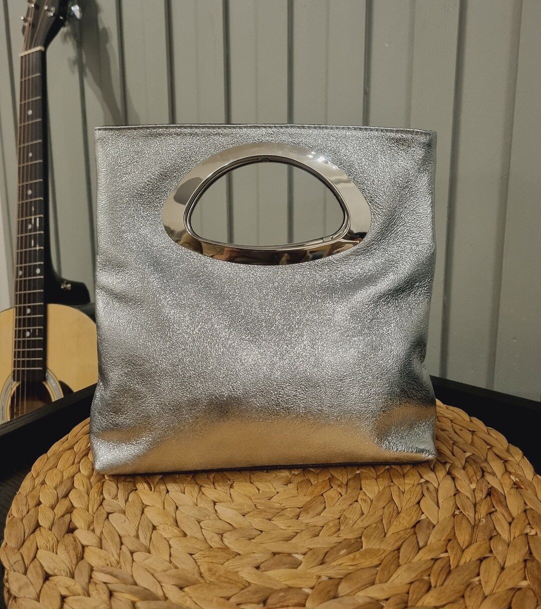 Grab Handle Leather Metallic Silver Clutch Bag Silver Evening Bag ...
