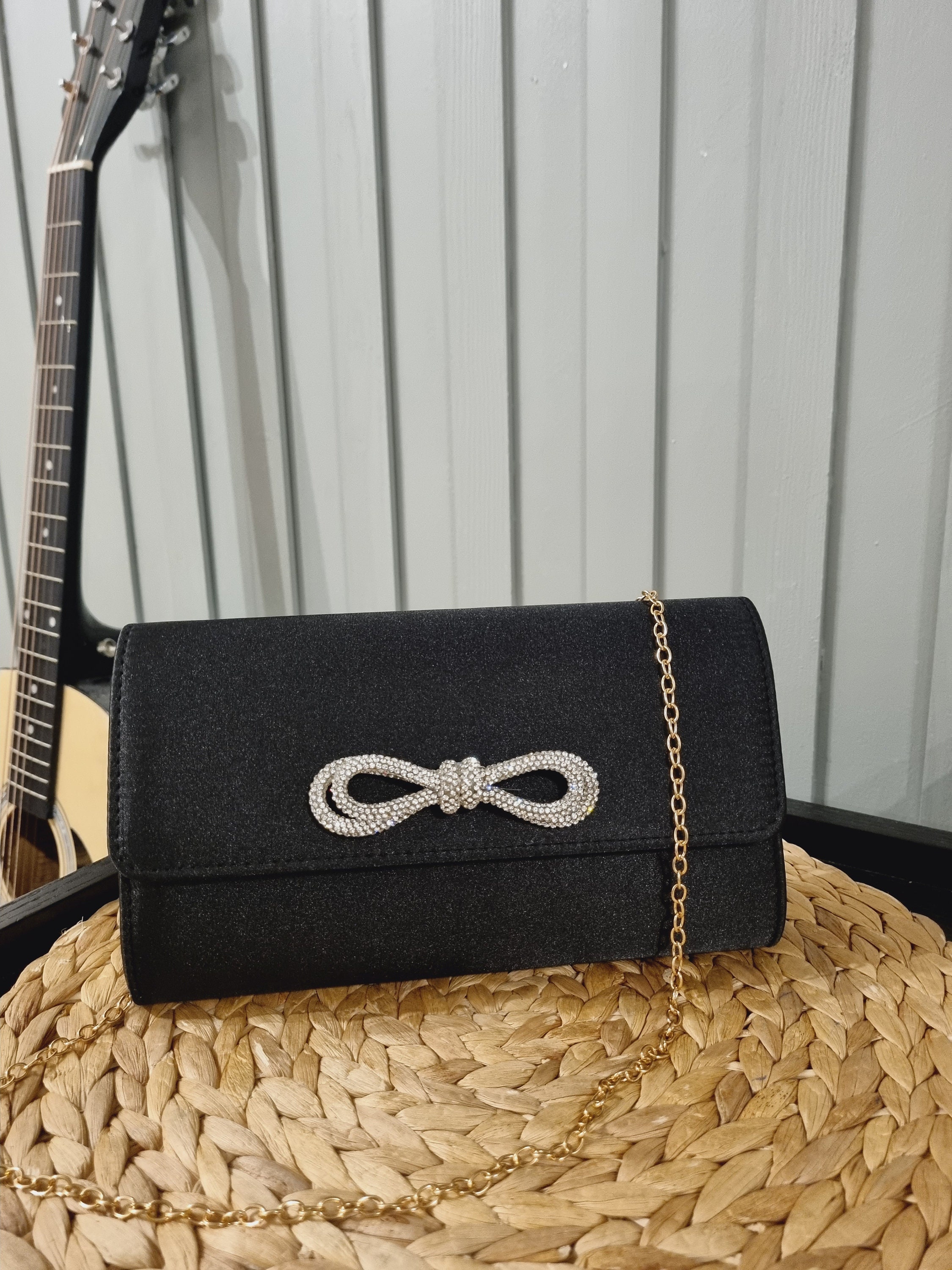 Black Satin Clutch Bag, Diamante Bow Bag, Black Evening Bag, Black ...