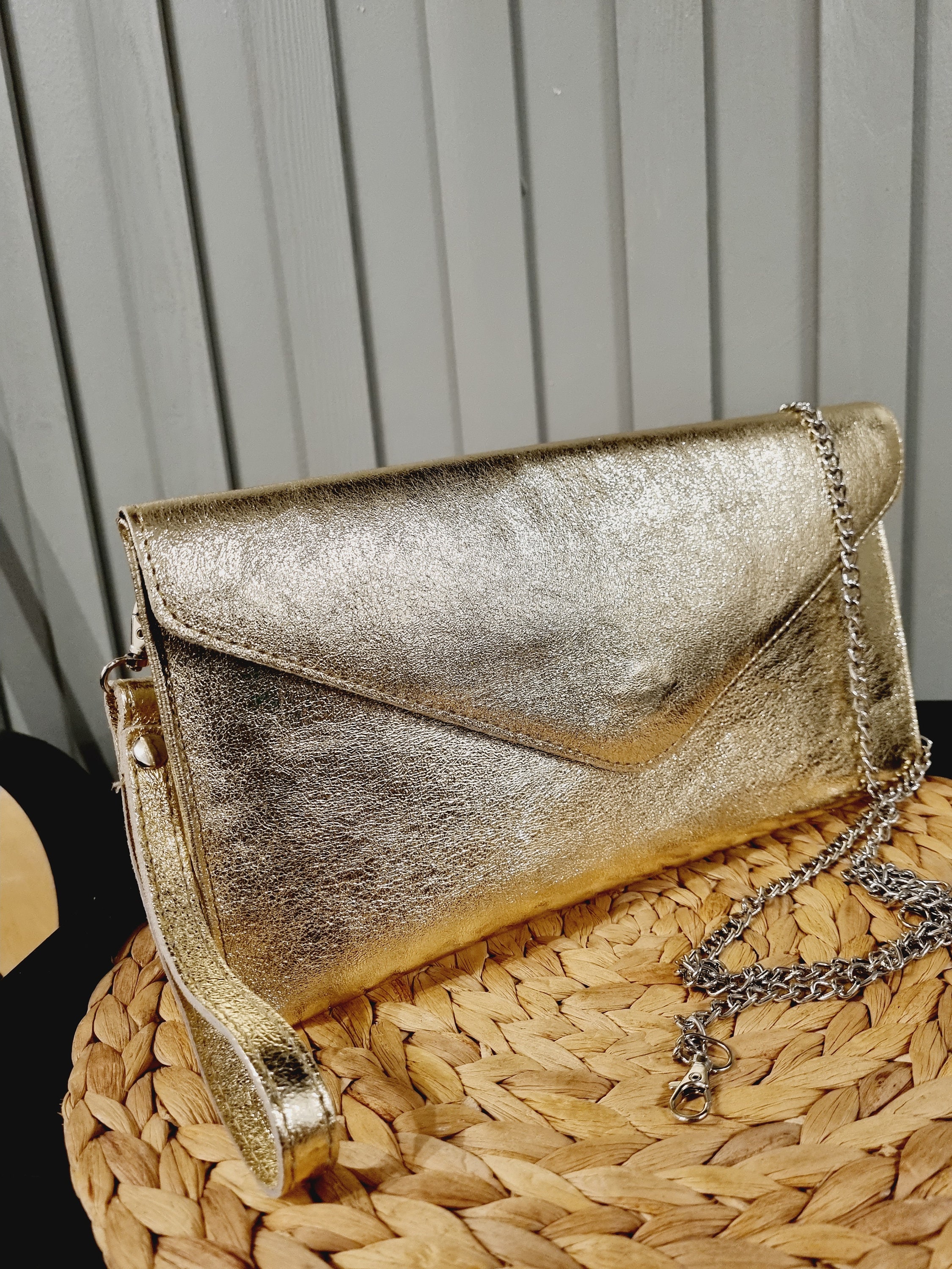 Real Leather Metallic Gold Clutch Bag Gold Evening Bag Gold Party Bag ...