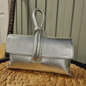 Genuine Leather Metallic Silver Clutch Bag Silver Evening Bag Silver ...