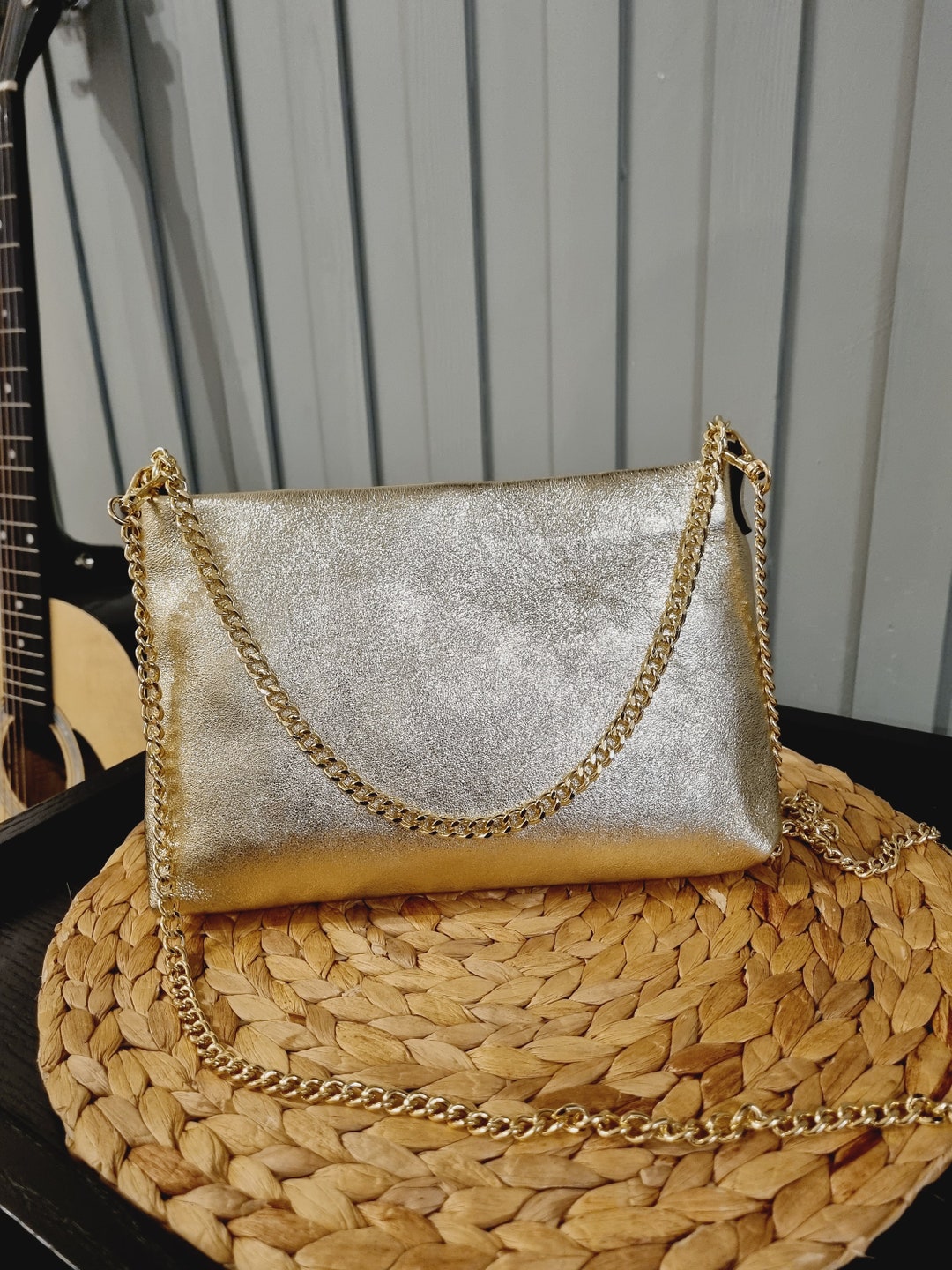 Real Leather Metallic Gold Crossbody Bag/gold Evening Bag/gold Party ...