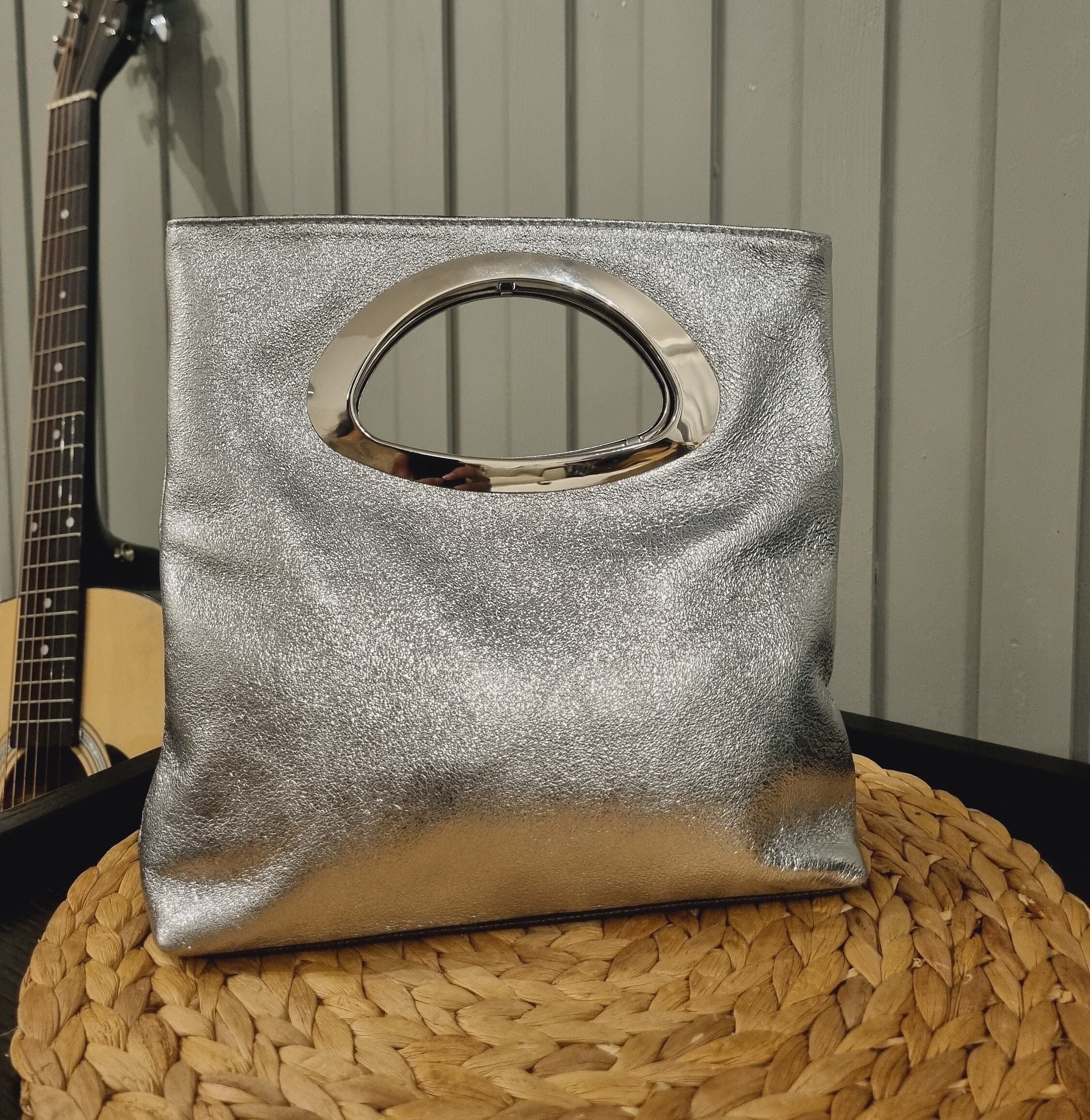 Grab Handle Leather Metallic Silver Clutch Bag Silver Evening Bag ...
