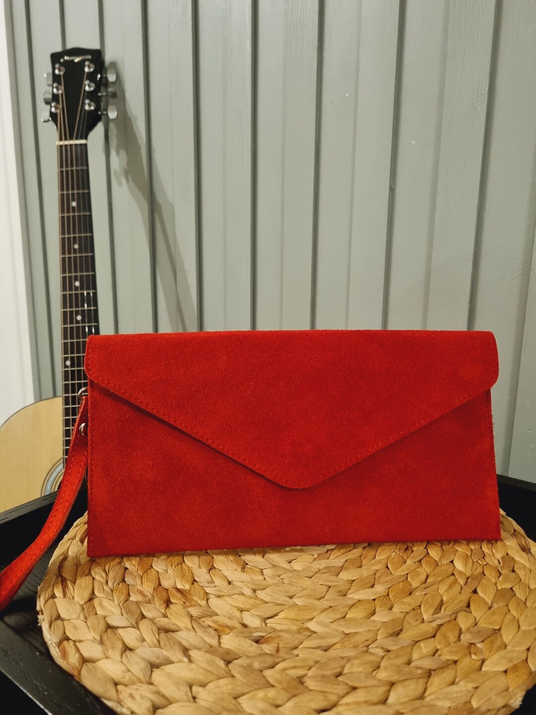Real Suede Leather Red Clutch Bag Red Evening Bag Red Envelope Party ...