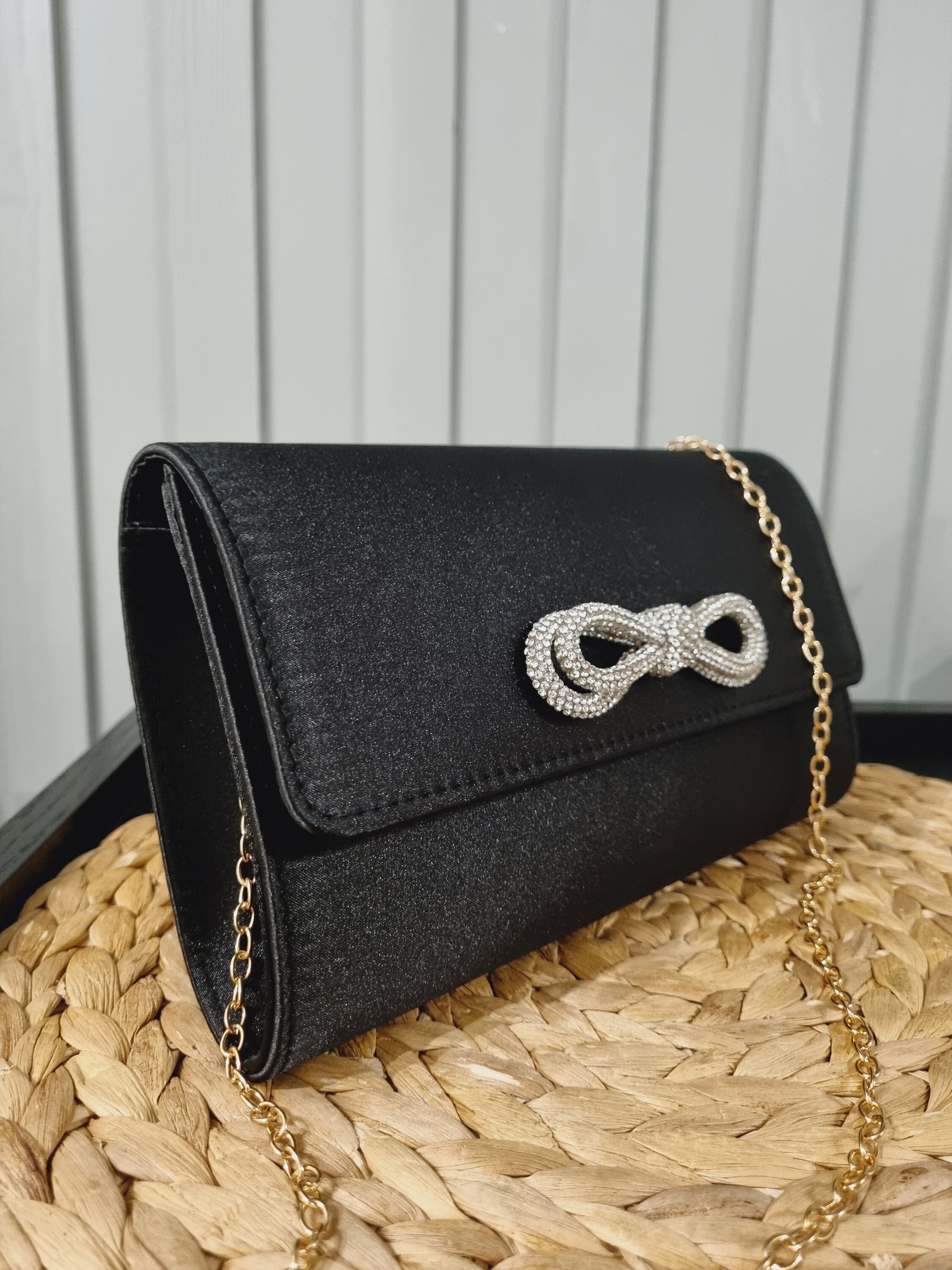 Black Satin Clutch Bag, Diamante Bow Bag, Black Evening Bag, Black ...