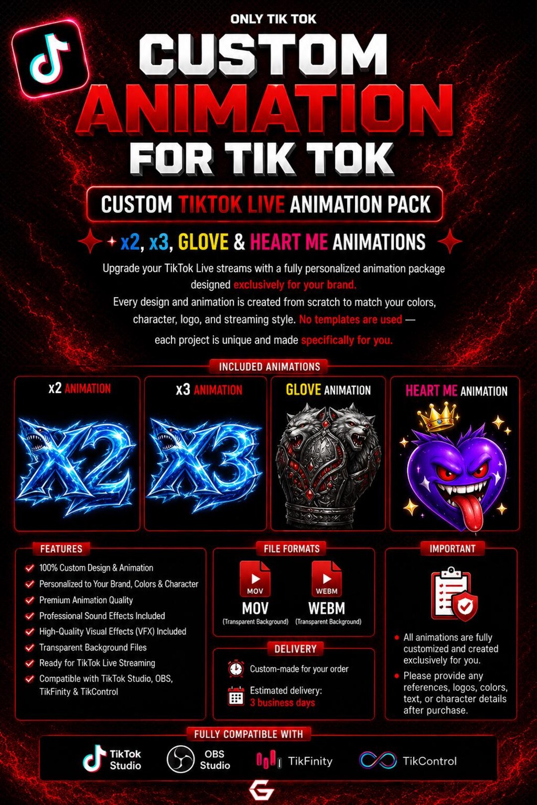 Custom TikTok Live Animation Pack | x2, x3, Glove & Heart Me Animations ...