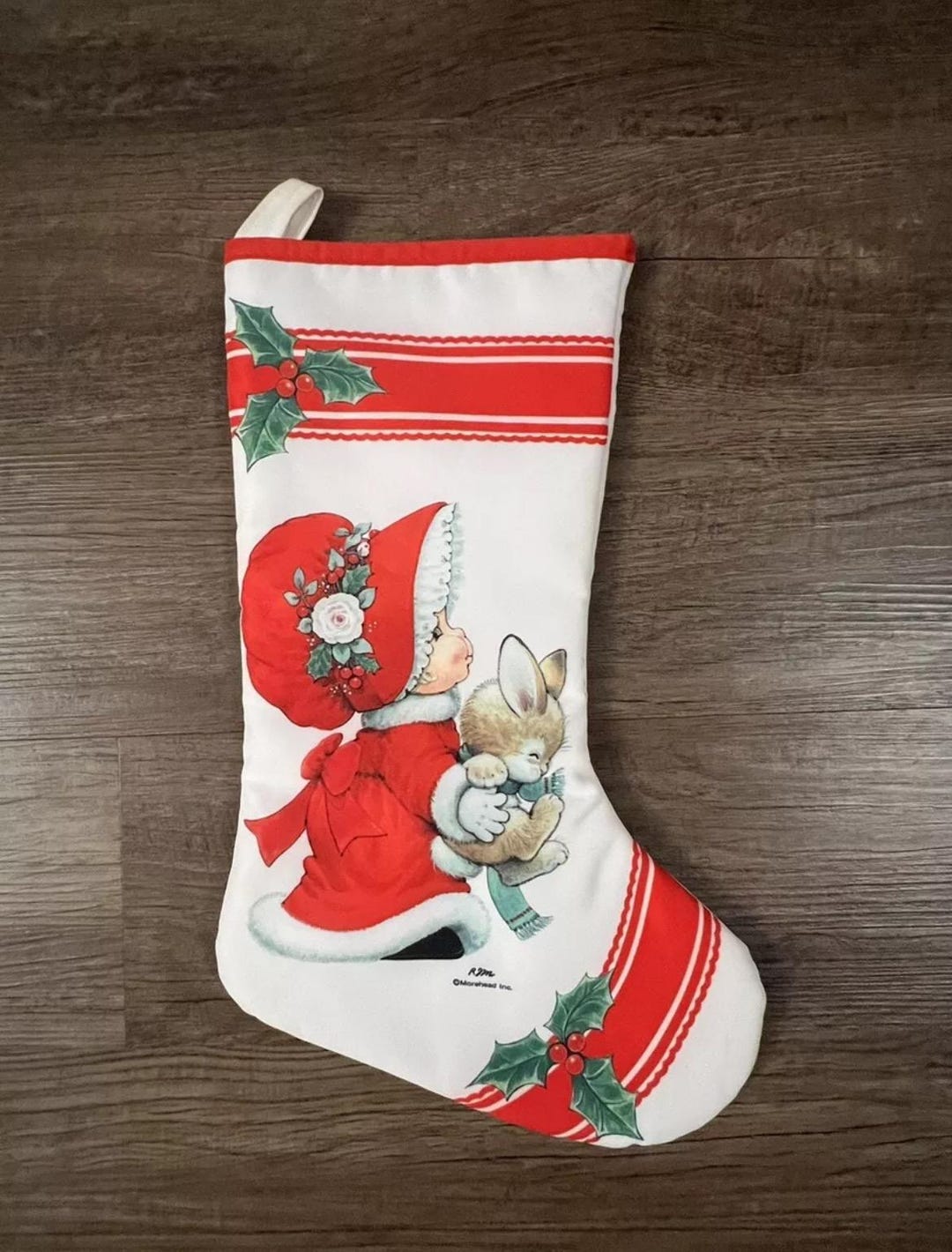 VTG Ruth Morehead Christmas Stocking Little Girl & Bunny Holly Babies ...