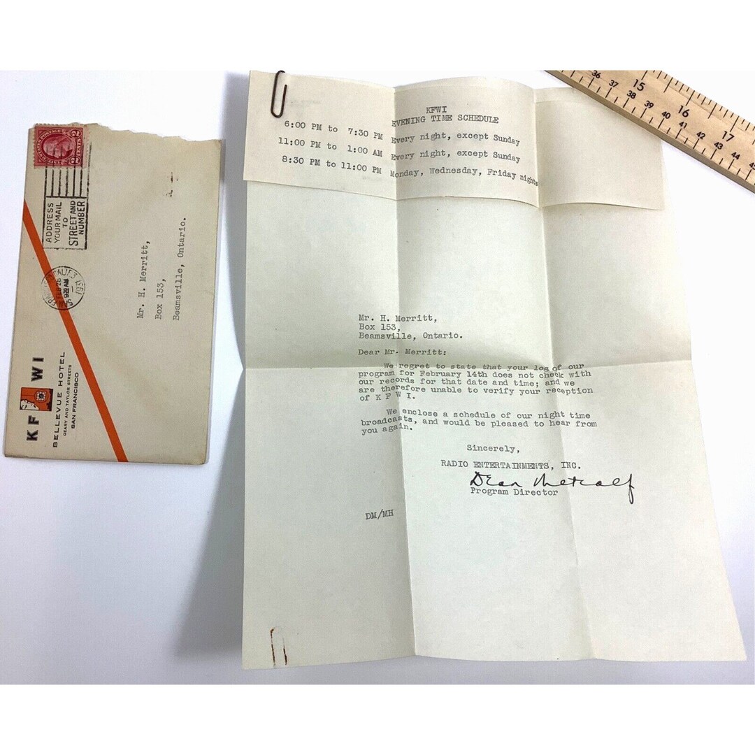 1931 Letter Schedule Radio Station KFWI San Francisco Radio ...
