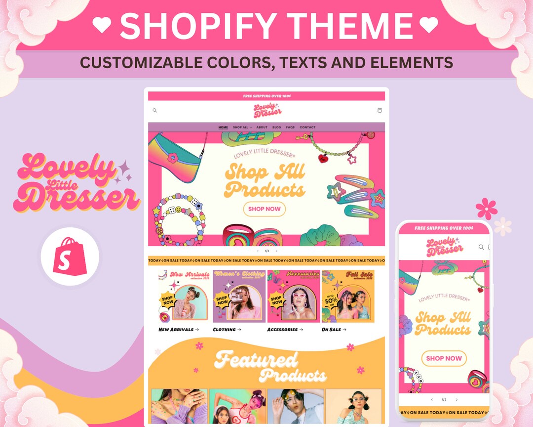 Cute Shopify Theme, Pink Retro Shopify 2.0 Template, Fashion Aesthetic ...