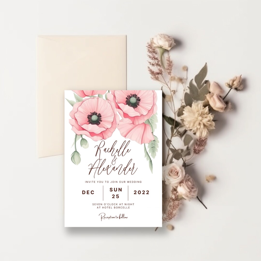 Poppy Floral Wedding Invitation Template, Instant Download, Canva, 5x7 ...