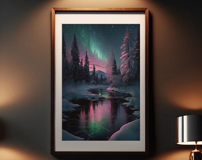 Alaska Northern Lights Poster, Aurora Borealis, Majestic Snowy Night ...