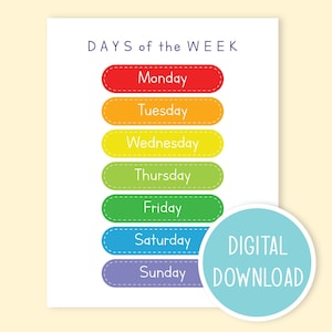 Days of the Week Chart | Days Chart | Digital Download | Learning Days ...
