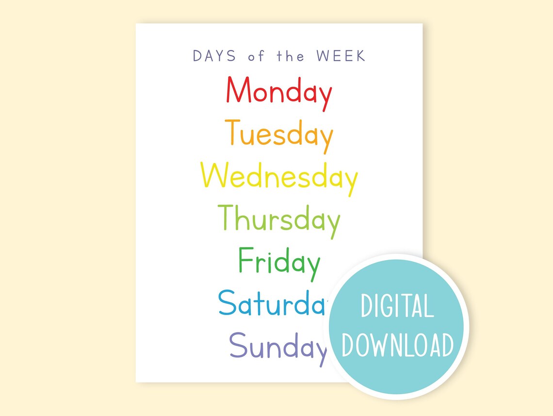 Days of the Week Chart | Days Chart | Digital Download | Learning Days ...