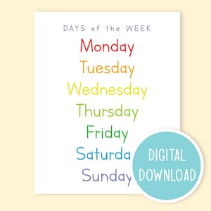 Days of the Week Chart | Days Chart | Digital Download | Learning Days ...