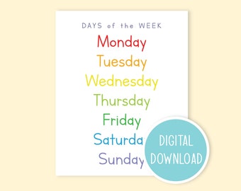 Days of the Week Chart | Days Chart | Digital Download | Learning Days ...