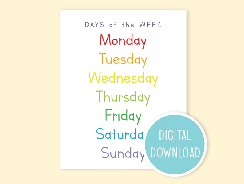Days of the Week Chart Days Chart Digital Download Learning Days of ...