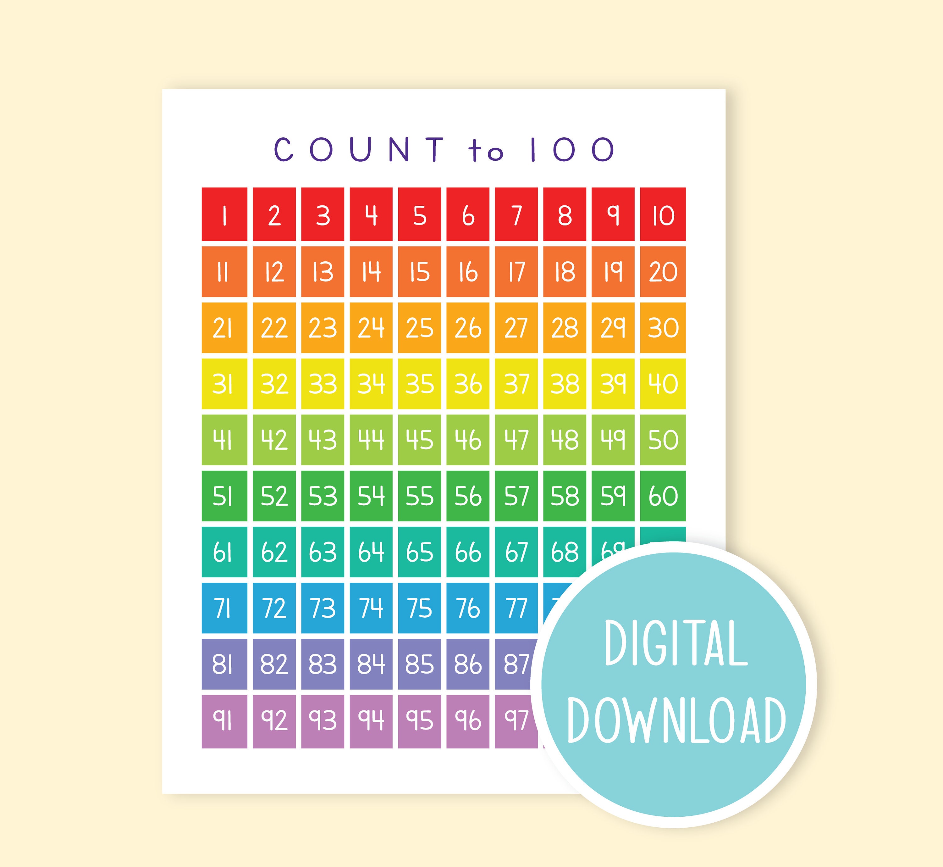 Count to 100 Chart | Hundreds Chart | Digital Download | Numbers 1-100 ...
