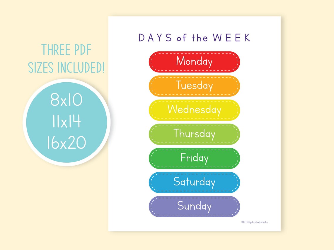 Days of the Week Chart | Days Chart | Digital Download | Learning Days ...