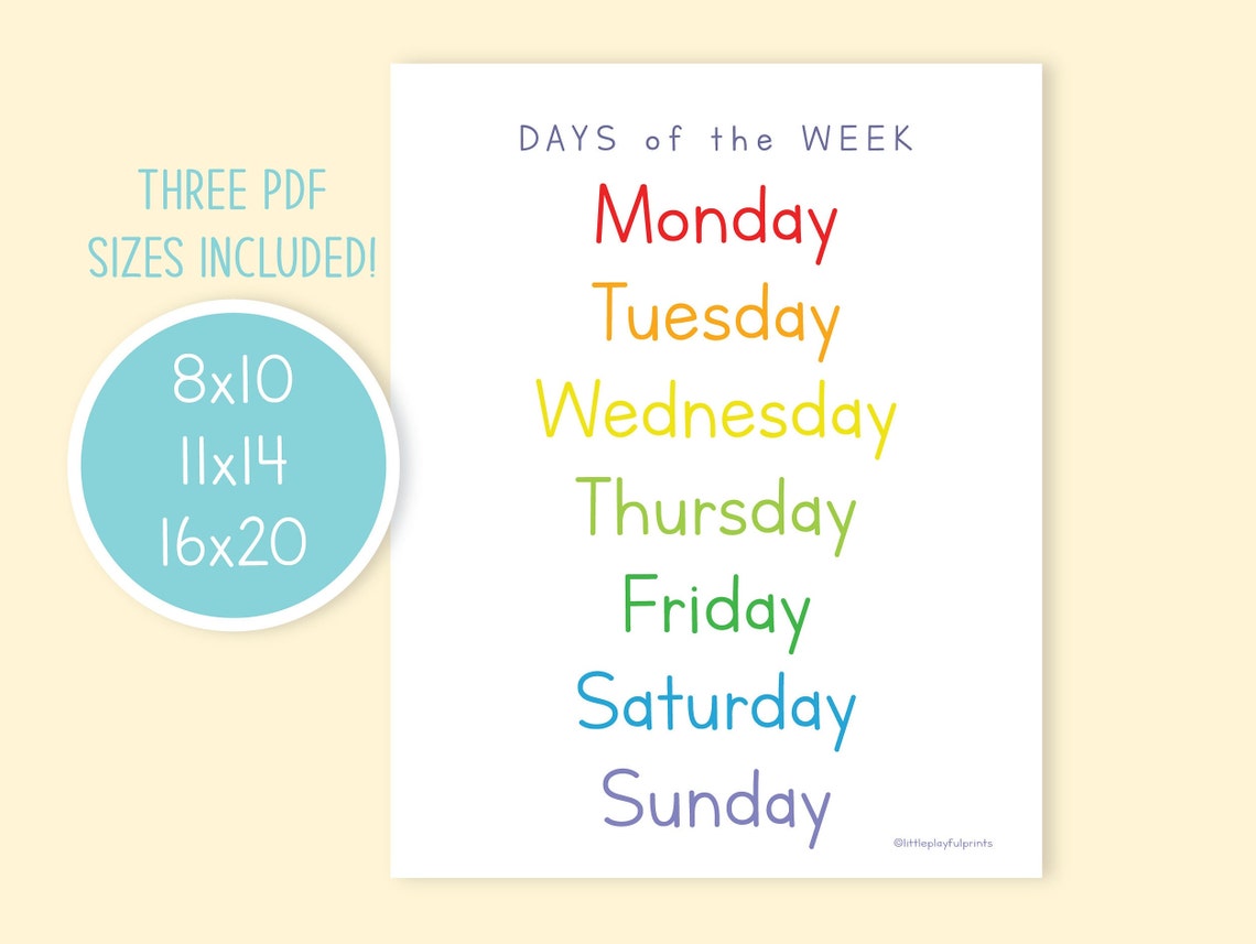Days of the Week Chart | Days Chart | Digital Download | Learning Days ...