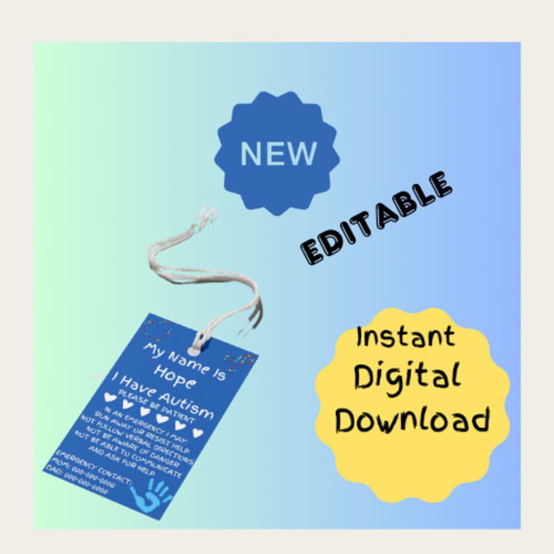 Editable Autism Bag Tag, I Have Autism, Alert Tag, Autism Hang Tag ...