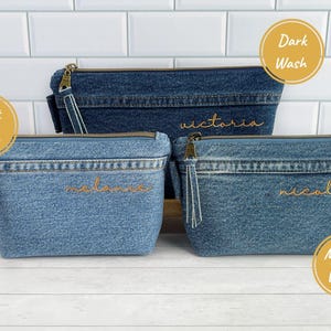Personalized Upcycled Denim Zipper Pouch: Embroidered Makeup Bag Made ...