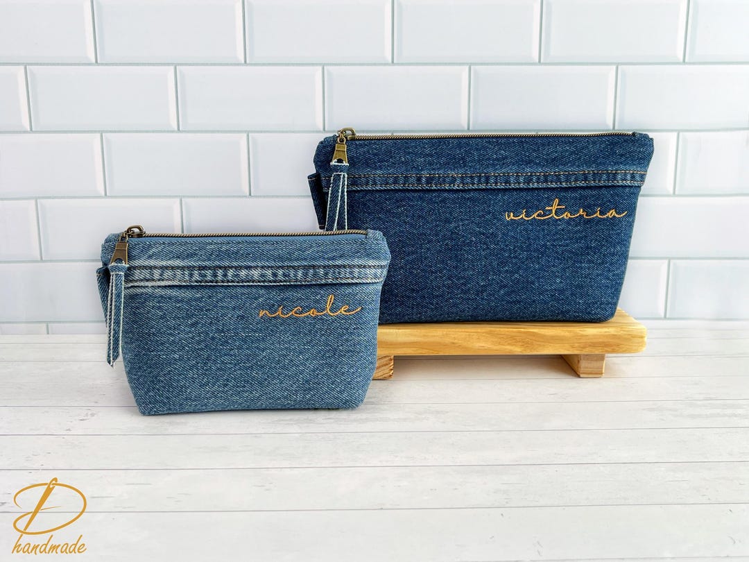 Personalized Upcycled Denim Zipper Pouch: Embroidered Makeup Bag Made ...