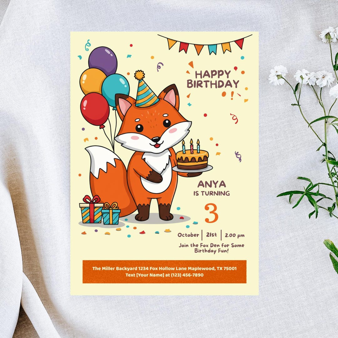 Cute Fox Birthday Invitation | Fox Cake and Balloons Theme | Digital ...