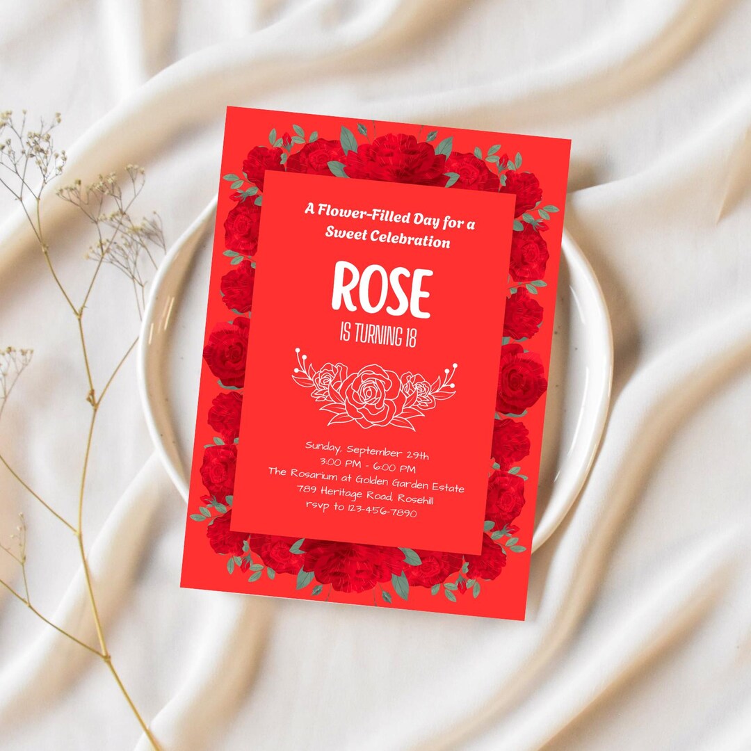 Red Rose Birthday Invitation | Elegant Floral Party Invite | Editable ...