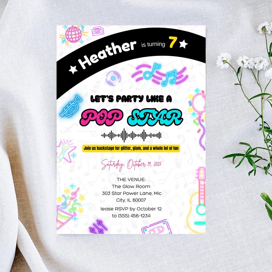 Pop Star Party Invitation | Neon Glow Birthday Invite | Editable ...