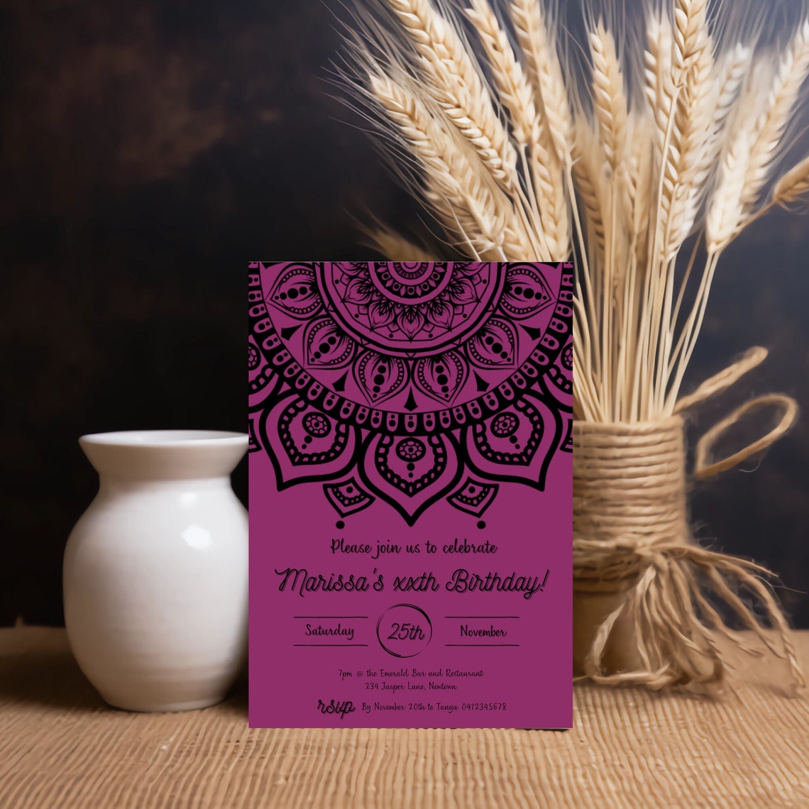 Purple Women's Birthday Invitation Template, Black Henna Invitation ...