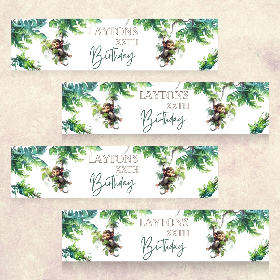 Jungle Monkey Water Bottle Label, INSTANT DOWNLOAD Rainforest Greenery ...