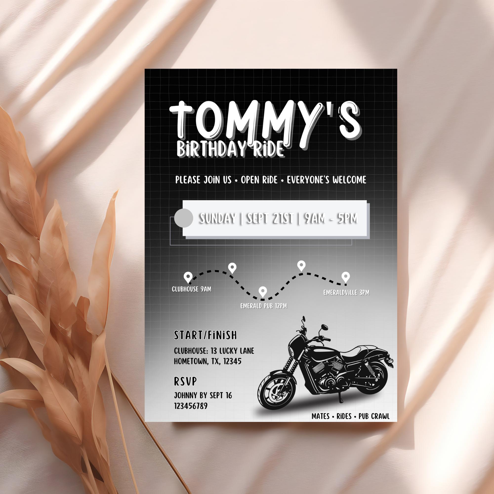 Motorcycle Club Birthday Invitation Template, Born to Ride Men's Invite ...