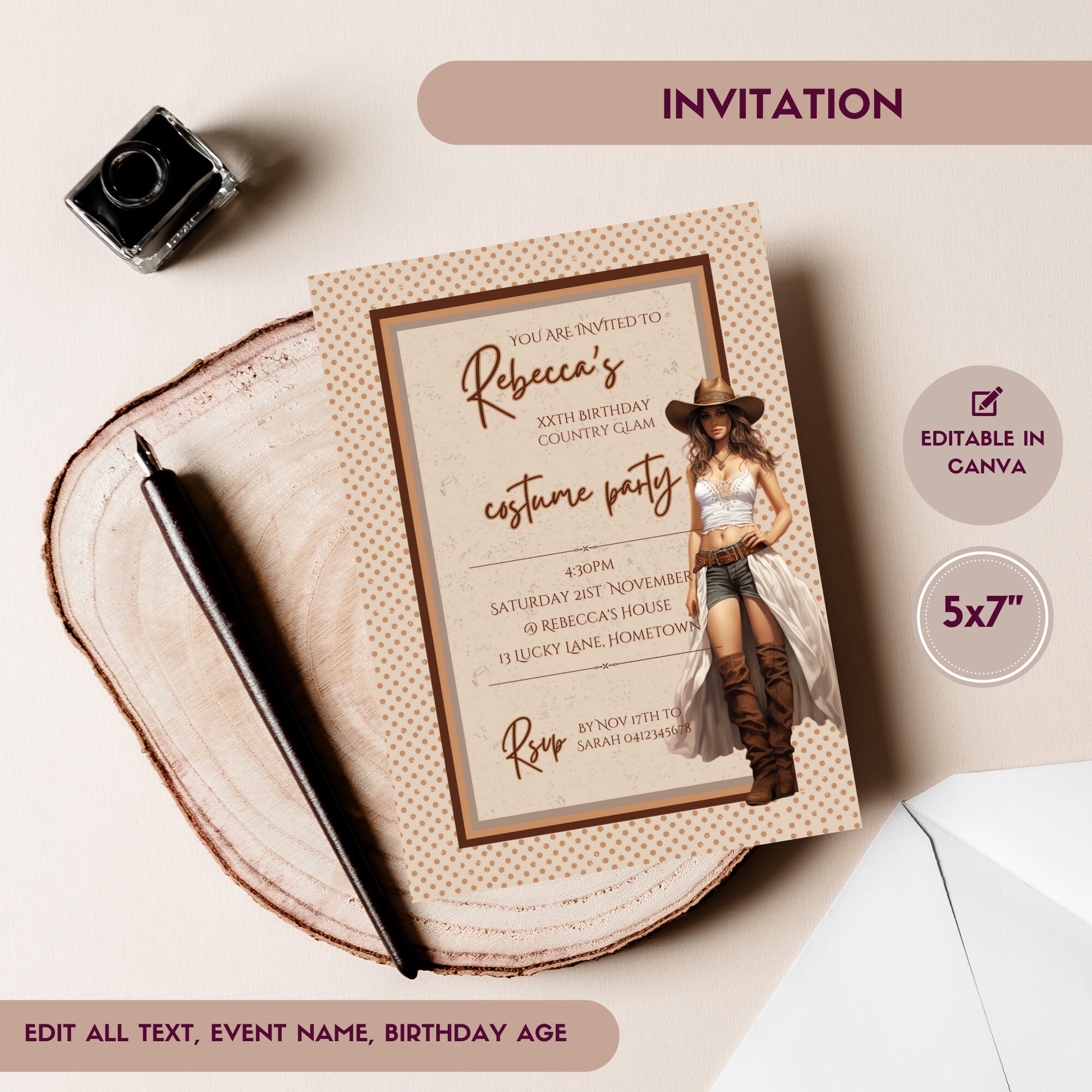 Country Glam Costume Party Invitation, Cowgirl Birthday Invite, Cowgirl ...