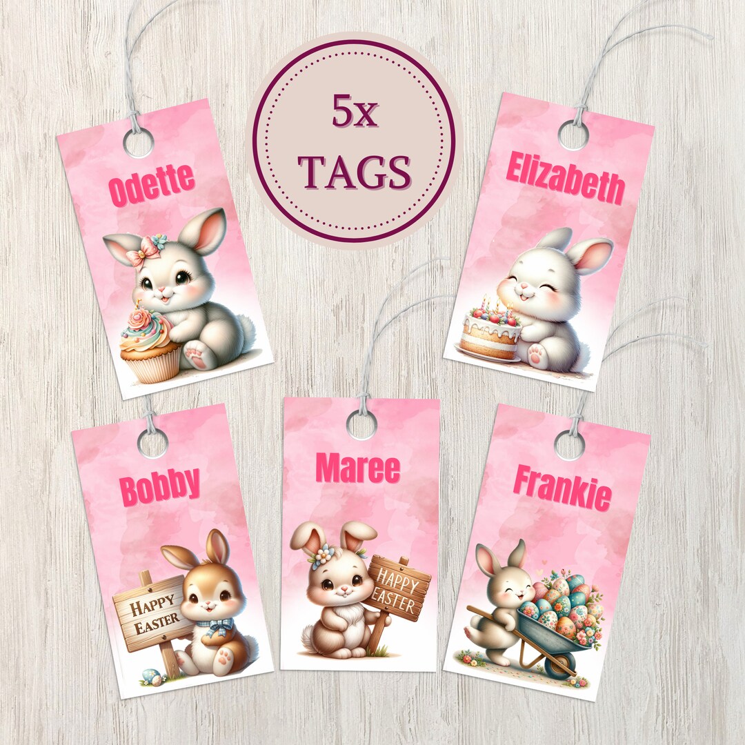 Pink Easter Bunny Name Tag Set, Easter Rabbit Gift Tag, Girls Holiday ...