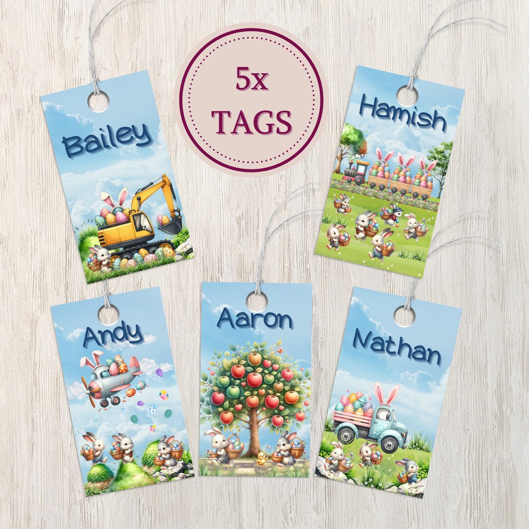 Boys Easter Vehicle Name Tag Set, Transport Easter Basket Gift Tag ...