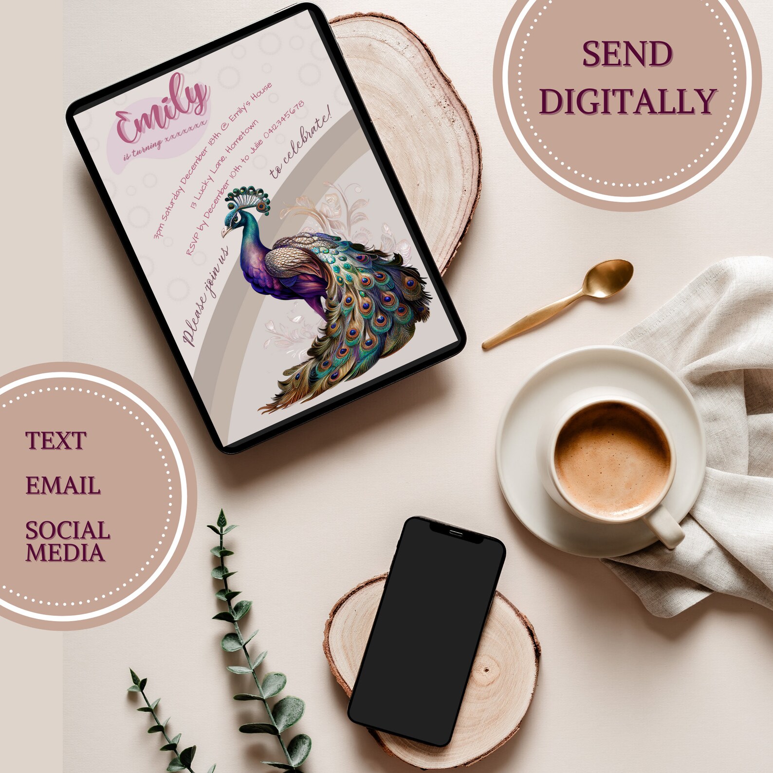 Editable Peacock Birthday Invitation, Any Age for Her, Green & Purple ...