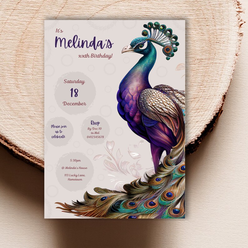 Editable Peacock Birthday Invitation, Any Age for Her, Green & Purple ...