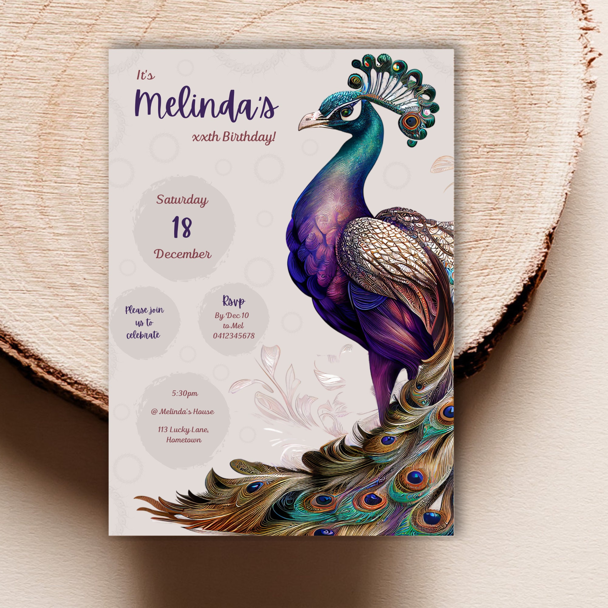 Editable Peacock Birthday Invitation, Any Age for Her, Green & Purple ...