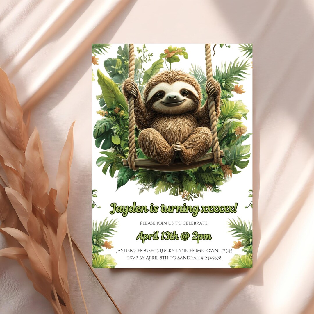 Cute Sloth Birthday Invitation Template, Printable Sloth Party Invite ...