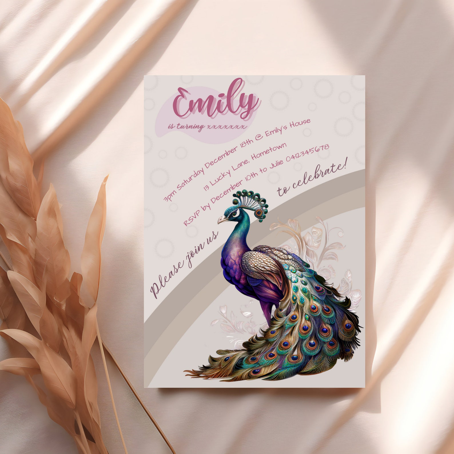 Editable Peacock Birthday Invitation, Any Age for Her, Green & Purple ...