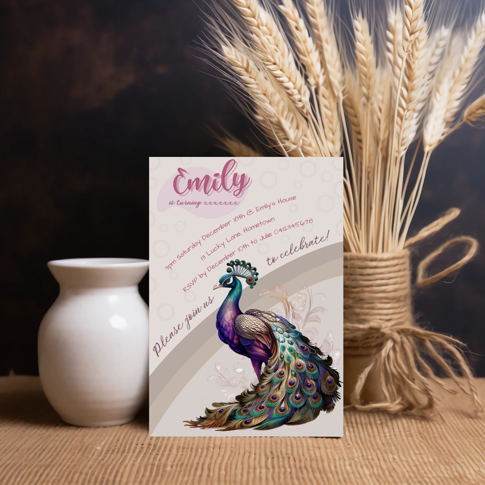 Editable Peacock Birthday Invitation, Any Age for Her, Green & Purple ...