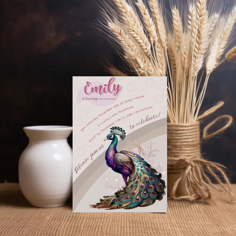 Editable Peacock Birthday Invitation, Any Age for Her, Green & Purple ...