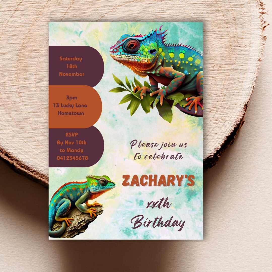 10th Chameleon Birthday Invitation Template, Reptile Birthday Party ...