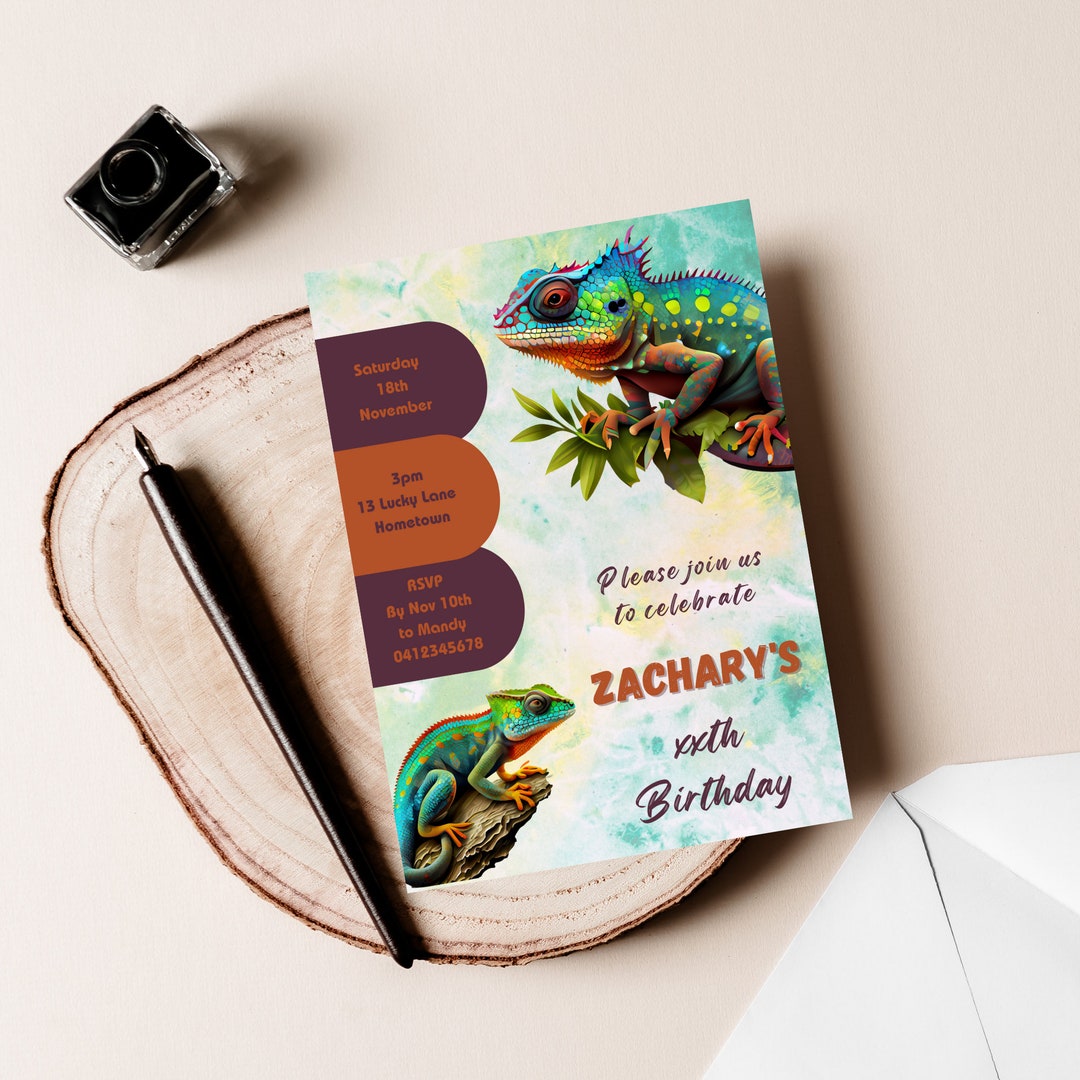 Boy's Chameleon Birthday Invitation, Reptile Themed Party, Green Orange ...