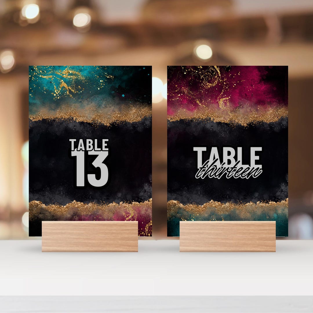 Anniversary Table Number Template, Gold, Black, Jewel Watercolor Table ...