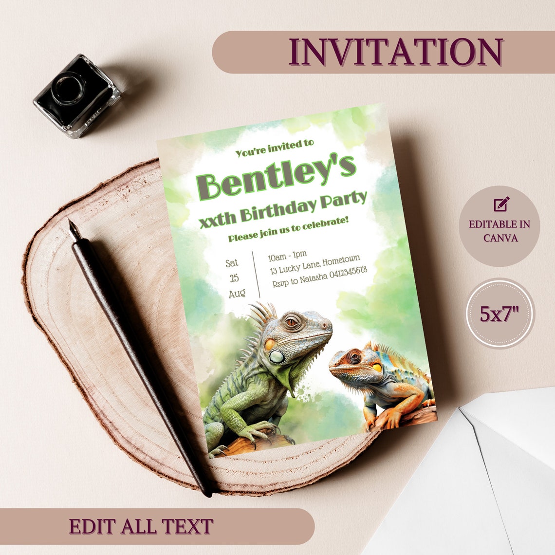 Lizard Birthday Invitation, Green Iguana Invite, Boys Reptile Invite ...