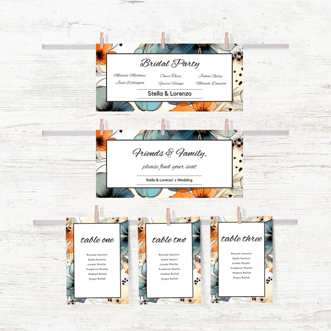 Floral Hanging Seating Chart Cards, Hanging Table Number Cards, Blue ...