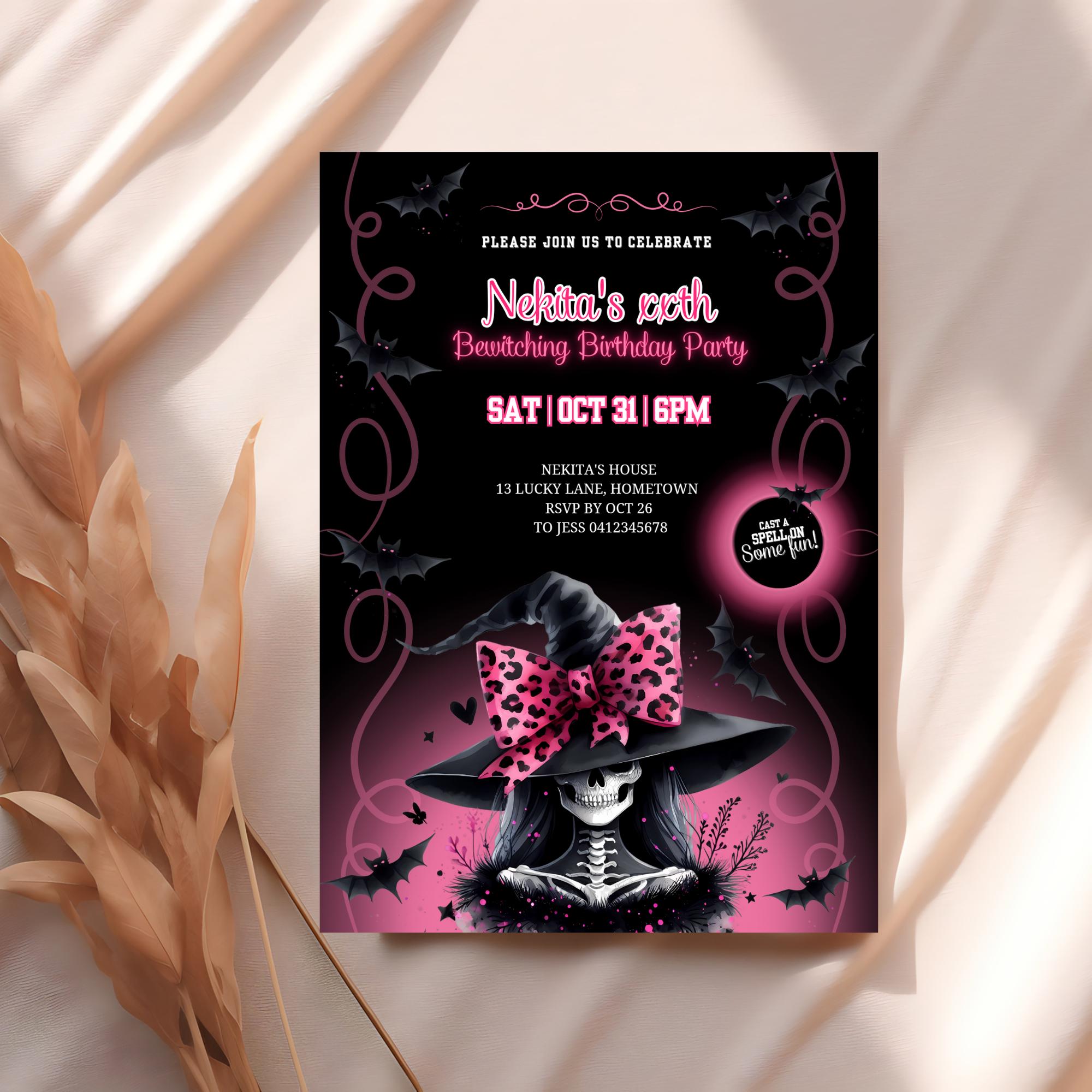 Pink Witch Birthday Invitation Template, Gothic Black & Pink Halloween ...