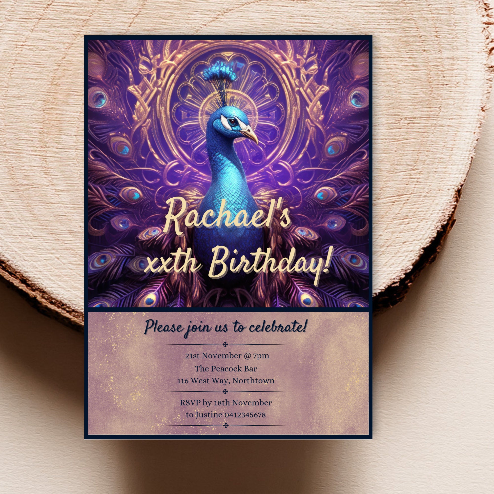 Peacock Birthday Invitation, Womens Purple Invitation, Female Digital ...