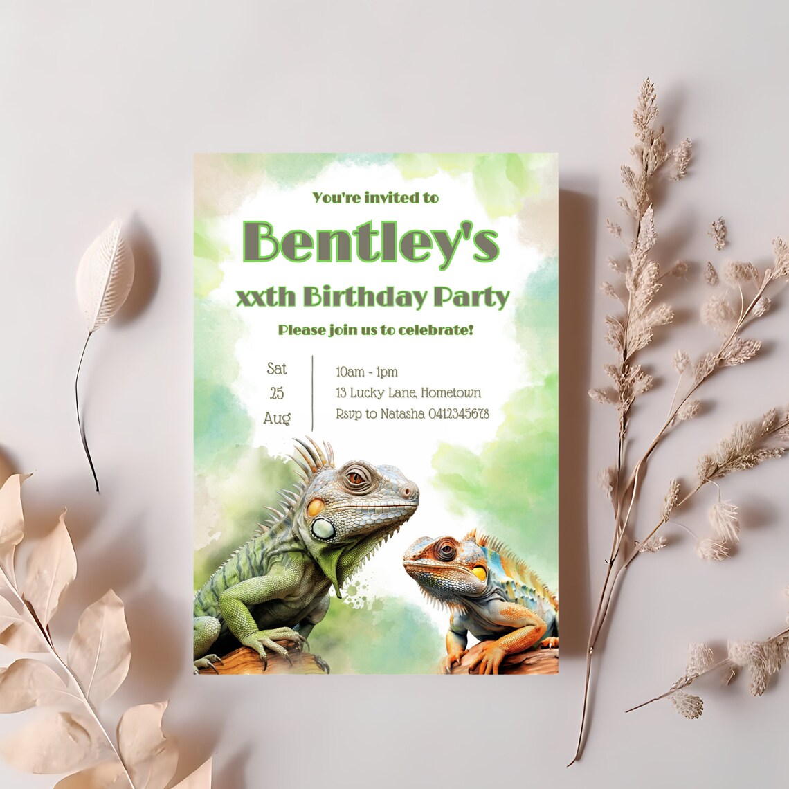 Lizard Birthday Invitation, Green Iguana Invite, Boys Reptile Invite ...
