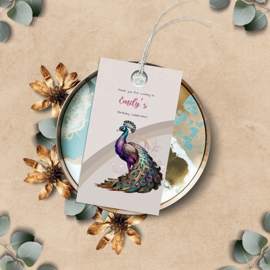 Girls Peacock Theme Thank You Tag, Party Favor, Rectangular Gift Tag ...